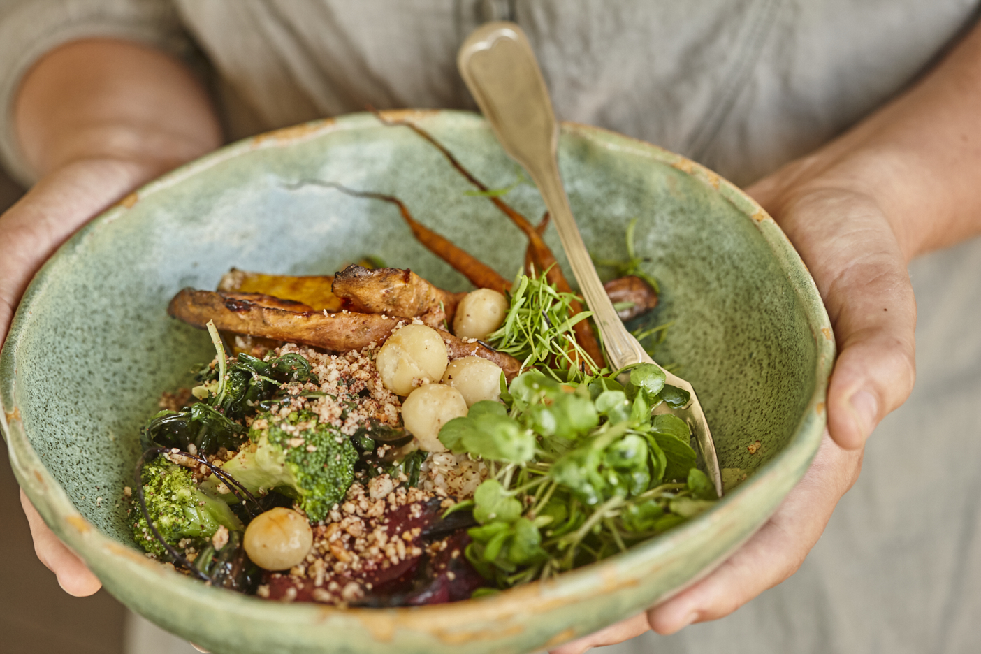 Brown rice super bowl with macadamia za’atar