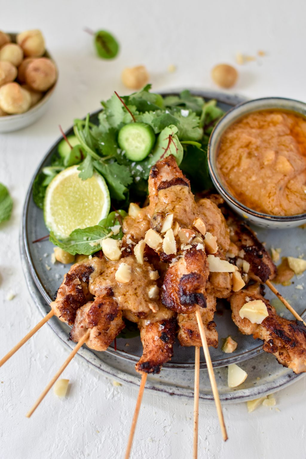 Thai style macadamia chicken satay skewers